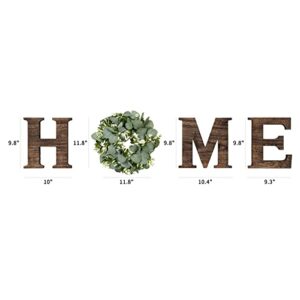 Mkono Farmhouse Wall Home Sign with Artificial Eucalyptus for O Rustic Wooden Home Hanging Letters Decorative Wall Art Wood Signs Decor for Living Room Kitchen Entryway Housewarming Gift, Brown