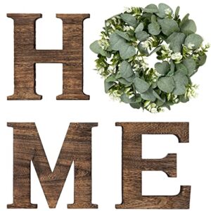 mkono farmhouse wall home sign with artificial eucalyptus for o rustic wooden home hanging letters decorative wall art wood signs decor for living room kitchen entryway housewarming gift, brown