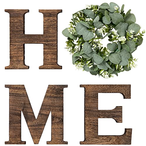 Mkono Farmhouse Wall Home Sign with Artificial Eucalyptus for O Rustic Wooden Home Hanging Letters Decorative Wall Art Wood Signs Decor for Living Room Kitchen Entryway Housewarming Gift, Brown