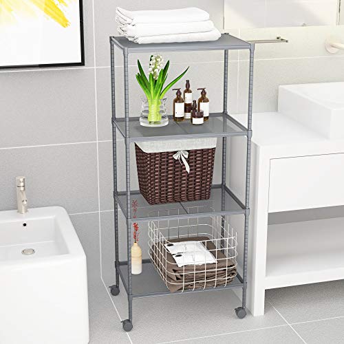 OVICAR 4-Tier Wire Storage Shelves, Adjustable Shelving Units with Wheels, Steel Metal Storage Rack for Kitchen Pantry Closet Laundry, Durable Organizer Garage Tool Storage Shelf (Grey, 4 Tiers)