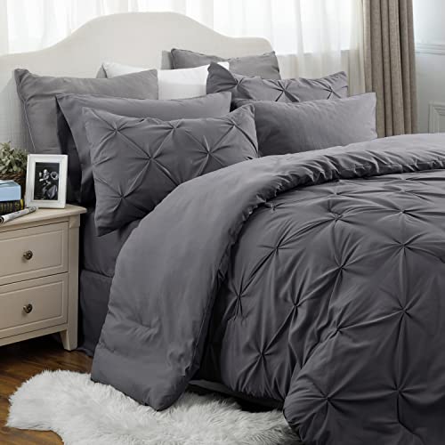 Bedsure King Size Comforter Set - Bedding Set King 7 Pieces, Pintuck Bed in a Bag Dark Grey Bed Set with Comforter, Sheets, Pillowcases & Shams