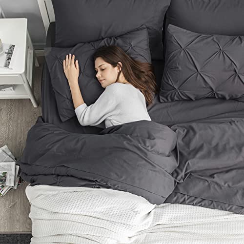 Bedsure King Size Comforter Set - Bedding Set King 7 Pieces, Pintuck Bed in a Bag Dark Grey Bed Set with Comforter, Sheets, Pillowcases & Shams