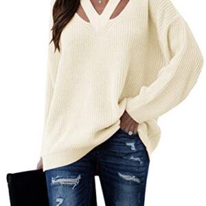 Cicy Bell Women's V Neck Sweaters Hollow Out Long Sleeve Casual Knit Pullover Jumper Tops White