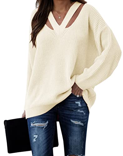 Cicy Bell Women's V Neck Sweaters Hollow Out Long Sleeve Casual Knit Pullover Jumper Tops White