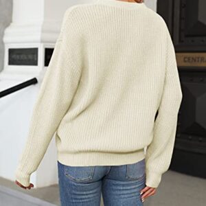 Cicy Bell Women's V Neck Sweaters Hollow Out Long Sleeve Casual Knit Pullover Jumper Tops White