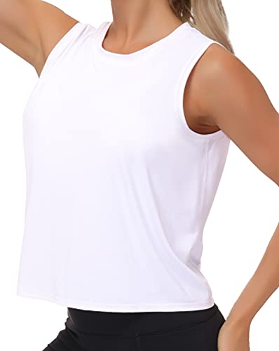 Ice Silk Workout Tops for Women Quick Dry Muscle Gym Running Shirts Sleeveless Flowy Yoga Tank Tops (White, Small)