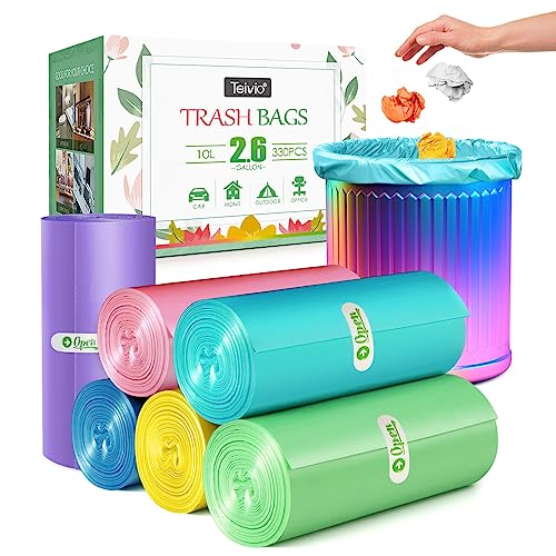 2.6 Gallon/330pcs Strong Trash Bags Colorful Clear Garbage Bags by Teivio, Bathroom Trash Can Bin Liners, Small Plastic Bags for home office kitchen,fit 10 Liter, 2,2.5,3 Gal, Multicolor