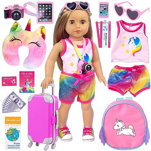 ZITA ELEMENT 24 Pcs 18 Inch Girl Doll Accessories Suitcase Luggage Travel Set Including 18 Inch Doll Clothes Luggage Pillow Blindfold Sunglasses Camera Computer Cell Phone Ipad and Other Stuff