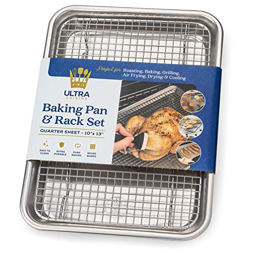 Oven-Safe Baking Pan with Cooling Rack Set - Quarter Sheet Pan Size - Includes Premium Aluminum Baking Sheet and 100% Stainless Steel Baking Rack for Oven - Durable, Easy Clean, Commercial Quality