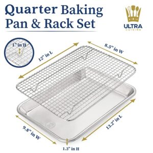 Oven-Safe Baking Pan with Cooling Rack Set - Quarter Sheet Pan Size - Includes Premium Aluminum Baking Sheet and 100% Stainless Steel Baking Rack for Oven - Durable, Easy Clean, Commercial Quality