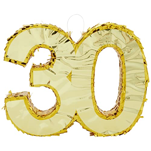 Gold Foil Number 30 Pinata for 30th Birthday Party Decorations, Anniversary Celebrations (Small, 16.5 x 13 x 3 In)