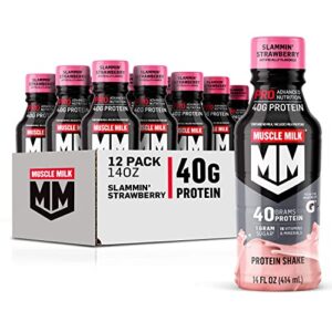 muscle milk pro advanced nutrition protein shake, slammin' strawberry, 14 fl oz bottle, 12 pack, 40g protein, 1g sugar, 16 vitamins & minerals, 6g fiber, workout recovery, packaging may vary