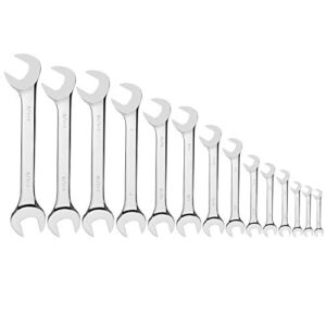 14-Piece Premium Angle Head Open End Wrench Set, Chrome Vanadium Steel | Include Standard Inch Sizes 3/8, 7/16, 1/2, 9/16, 5/8, 11/16, 3/4, 13/16, 7/8, 15/16, 1, 1-1/16, 1-1/8, 1-1/4 with Storage Rack