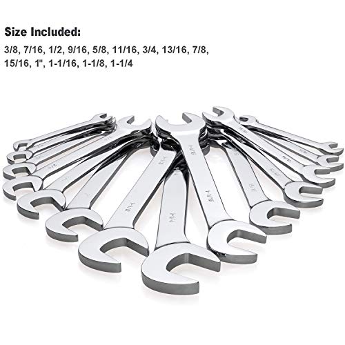 14-Piece Premium Angle Head Open End Wrench Set, Chrome Vanadium Steel | Include Standard Inch Sizes 3/8, 7/16, 1/2, 9/16, 5/8, 11/16, 3/4, 13/16, 7/8, 15/16, 1, 1-1/16, 1-1/8, 1-1/4 with Storage Rack