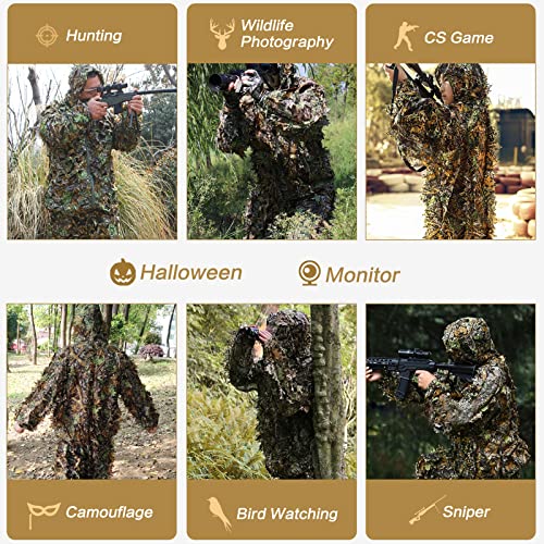 MOPHOTO Ghillie Suit 3D Leafy Camo Hunting Suits, Woodland Gilly Suits Gillies Suits for Men, Leaf Camouflage Hunting Suits