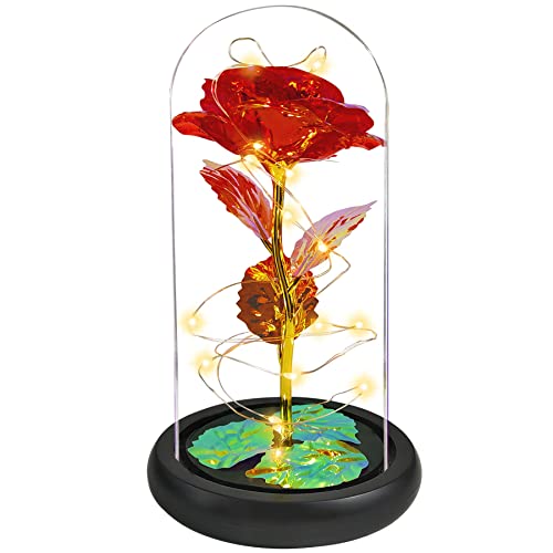 Jeekgsk Gifts for Women Gifts for Her Light up Rose in Glass Dome Roses Flower Xmas Gifts for Mom Valentine's Day Gifts Wedding Anniversary Thanksgiving (Red)