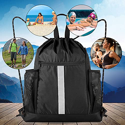 BeeGreen Drawstring Backpack Bag Sports Gym Backpack with Shoe Compartment and Two Water Bottle Holder for Men Women Large String Backpack Athletic Sackpack Workbag Black