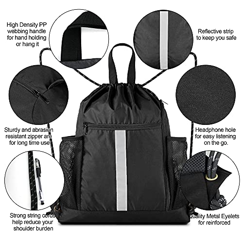 BeeGreen Drawstring Backpack Bag Sports Gym Backpack with Shoe Compartment and Two Water Bottle Holder for Men Women Large String Backpack Athletic Sackpack Workbag Black