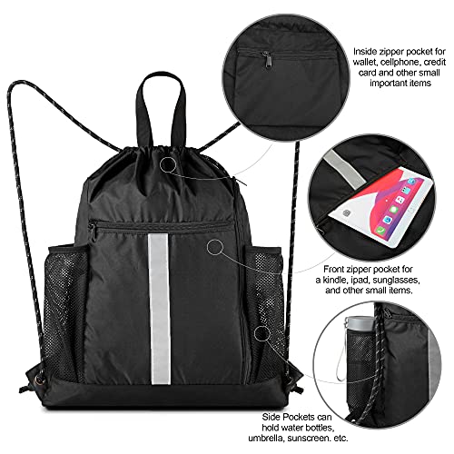 BeeGreen Drawstring Backpack Bag Sports Gym Backpack with Shoe Compartment and Two Water Bottle Holder for Men Women Large String Backpack Athletic Sackpack Workbag Black