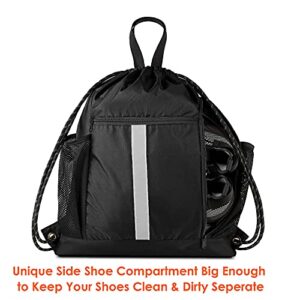 BeeGreen Drawstring Backpack Bag Sports Gym Backpack with Shoe Compartment and Two Water Bottle Holder for Men Women Large String Backpack Athletic Sackpack Workbag Black