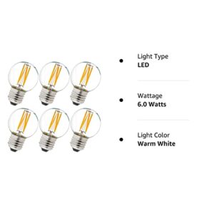 LiteHistory Dimmable Wall sconces Edison Bulb G16.5 6W Equal 60 watt AC120V Warm 2700K E26 Light Bulb for Pendant,Chandeliers,Vanity, 600lm 6Pack