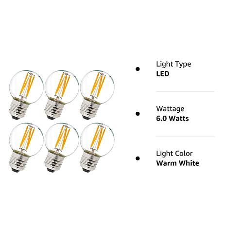 LiteHistory Dimmable Wall sconces Edison Bulb G16.5 6W Equal 60 watt AC120V Warm 2700K E26 Light Bulb for Pendant,Chandeliers,Vanity, 600lm 6Pack