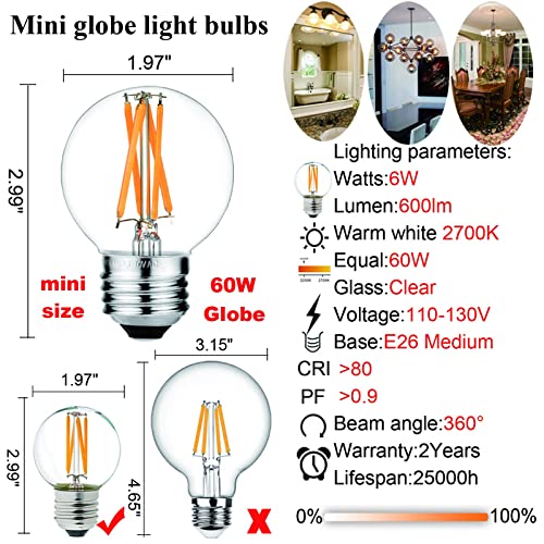 LiteHistory Dimmable Wall sconces Edison Bulb G16.5 6W Equal 60 watt AC120V Warm 2700K E26 Light Bulb for Pendant,Chandeliers,Vanity, 600lm 6Pack