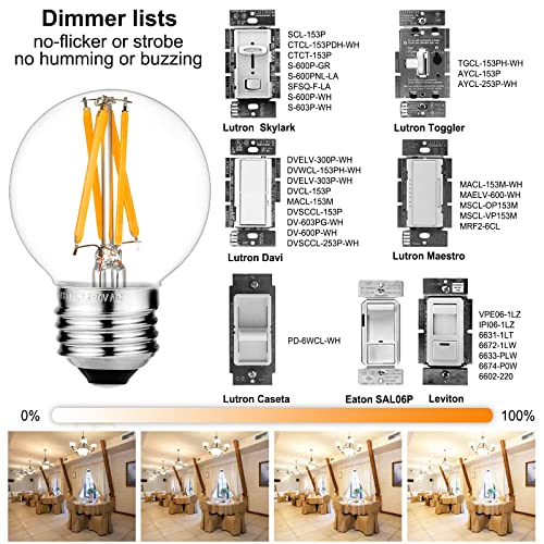 LiteHistory Dimmable Wall sconces Edison Bulb G16.5 6W Equal 60 watt AC120V Warm 2700K E26 Light Bulb for Pendant,Chandeliers,Vanity, 600lm 6Pack