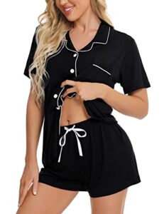 swomog women's button down pajama set v-neck short sleeve sleepwear soft pj sets s-xxl a- black