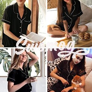 SWOMOG Women's Button Down Pajama Set V-Neck Short Sleeve Sleepwear Soft Pj Sets S-XXL A- Black