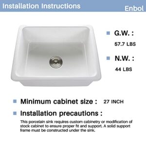 24 Undermount Kitchen Sink - Enbol 24x18 inch Undermount White Porcelain Kitchen Sink Single Bowl with Strainer PU2318