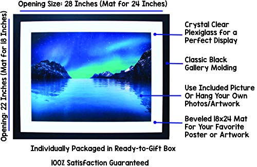 Black 22x28 Gallery Poster Frame with 18x24 Mat - Wide Molding - Includes Attached Vertical and Horizontal Hanging Hardware - Crystal Clear Plexiglass Front - Display 22 x 28 Inch Picture or Art