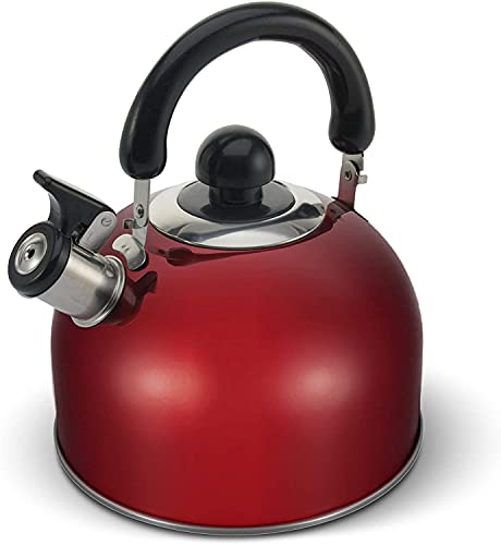 ELITRA Whistling Tea Kettle - Stainless Steel Tea Pot with Stay Cool Handle - 2.6 Quart / 2.5 Liter - (RED)