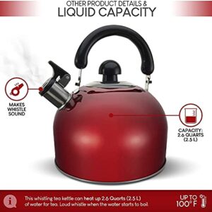 ELITRA Whistling Tea Kettle - Stainless Steel Tea Pot with Stay Cool Handle - 2.6 Quart / 2.5 Liter - (RED)