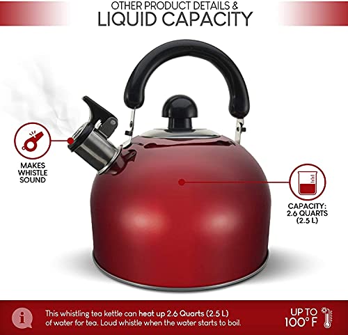 ELITRA Whistling Tea Kettle - Stainless Steel Tea Pot with Stay Cool Handle - 2.6 Quart / 2.5 Liter - (RED)