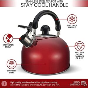 ELITRA Whistling Tea Kettle - Stainless Steel Tea Pot with Stay Cool Handle - 2.6 Quart / 2.5 Liter - (RED)