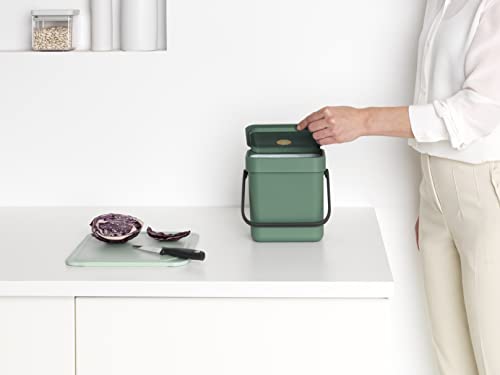 Brabantia Sort & Go Food Trash Can (0.8 Gal/Fir Green) Small Countertop Kitchen Compost Caddy with Handle & Removable Lid, Easy Clean