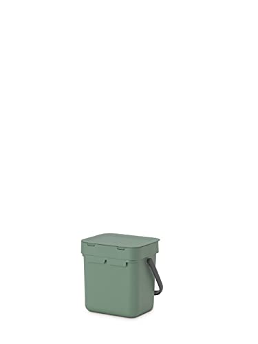 Brabantia Sort & Go Food Trash Can (0.8 Gal/Fir Green) Small Countertop Kitchen Compost Caddy with Handle & Removable Lid, Easy Clean