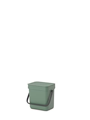 Brabantia Sort & Go Food Trash Can (0.8 Gal/Fir Green) Small Countertop Kitchen Compost Caddy with Handle & Removable Lid, Easy Clean