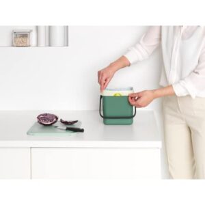 Brabantia Sort & Go Food Trash Can (0.8 Gal/Fir Green) Small Countertop Kitchen Compost Caddy with Handle & Removable Lid, Easy Clean