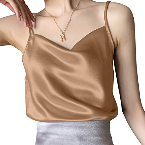 Miqieer Basic Women's Silk Tank Top Ladies V-Neck Camisole Silky Loose Sleeveless Blouse Satin Tank Shirt(Cowl Neck-Khaki,M)