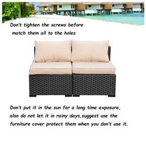 2 Piece Outdoor Sectional Furniture Set Patio PE Black Wicker Rattan Loveseat Armless Chair Sofa with Khaki Cushion