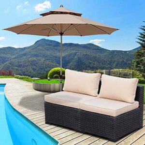 2 piece outdoor sectional furniture set patio pe black wicker rattan loveseat armless chair sofa with khaki cushion