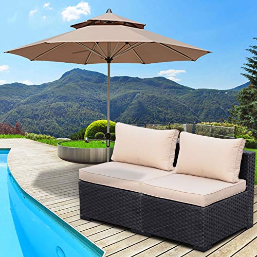 2 Piece Outdoor Sectional Furniture Set Patio PE Black Wicker Rattan Loveseat Armless Chair Sofa with Khaki Cushion