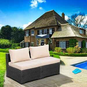 2 Piece Outdoor Sectional Furniture Set Patio PE Black Wicker Rattan Loveseat Armless Chair Sofa with Khaki Cushion