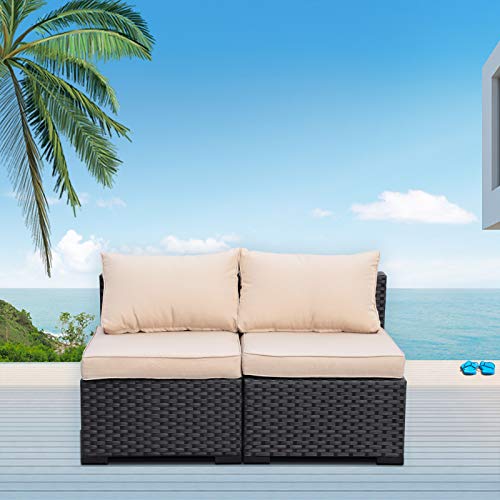 2 Piece Outdoor Sectional Furniture Set Patio PE Black Wicker Rattan Loveseat Armless Chair Sofa with Khaki Cushion