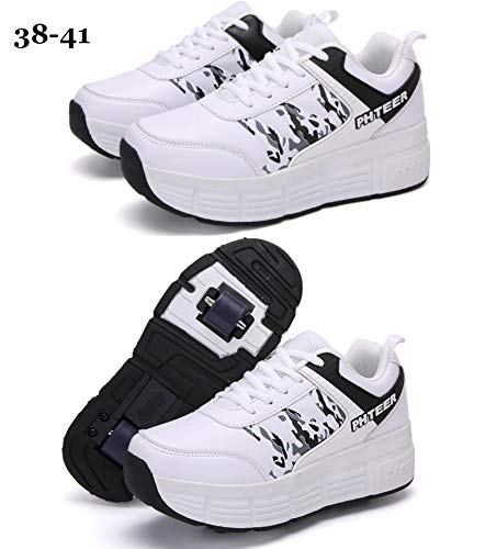 UGUHU Shoe with Wheels Retractable Skateboarding Outdoor Roller Skate Shoes Wheels Shoes Cross Trainers Sneakers for Boys Girls,WhiteDoubleWheel-32