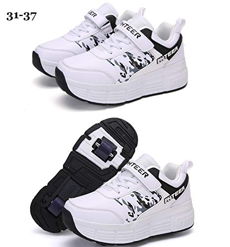 UGUHU Shoe with Wheels Retractable Skateboarding Outdoor Roller Skate Shoes Wheels Shoes Cross Trainers Sneakers for Boys Girls,WhiteDoubleWheel-32