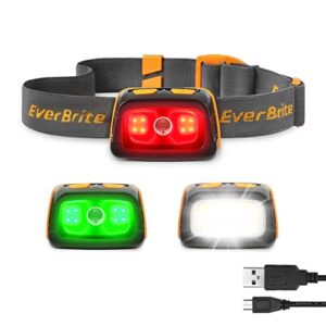 everbrite rechargeable headlamp - 350 lumens headlight with red/green light and tail light, 7 lighting modes with memory function, perfect for trail running, camping and hiking