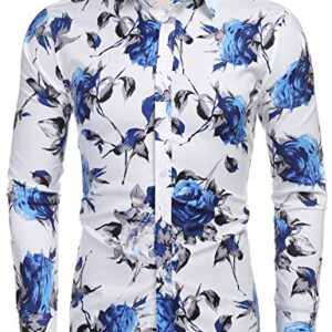 COOFANDY Men's Long Sleeve Dress Shirt - Casual Button Down (White & Blue, Large)